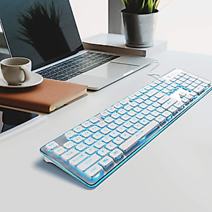 LANGTU LED Computer Keyboard, USB Wired Keyboard for Gaming and Office, All-Metal Panel 104 Keys Quiet Membrane Keyboard with Blue Backlit - L2 White/Silver