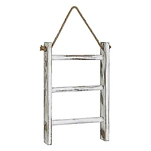 Erhai 3-Tier Mini Whitewashed Wood Wall- Hand Towel Storage Ladder with Rope