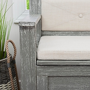 Linon Weathered Grey Carlton Storage Bench with Beige Upholstered Back and Cushioned Seat