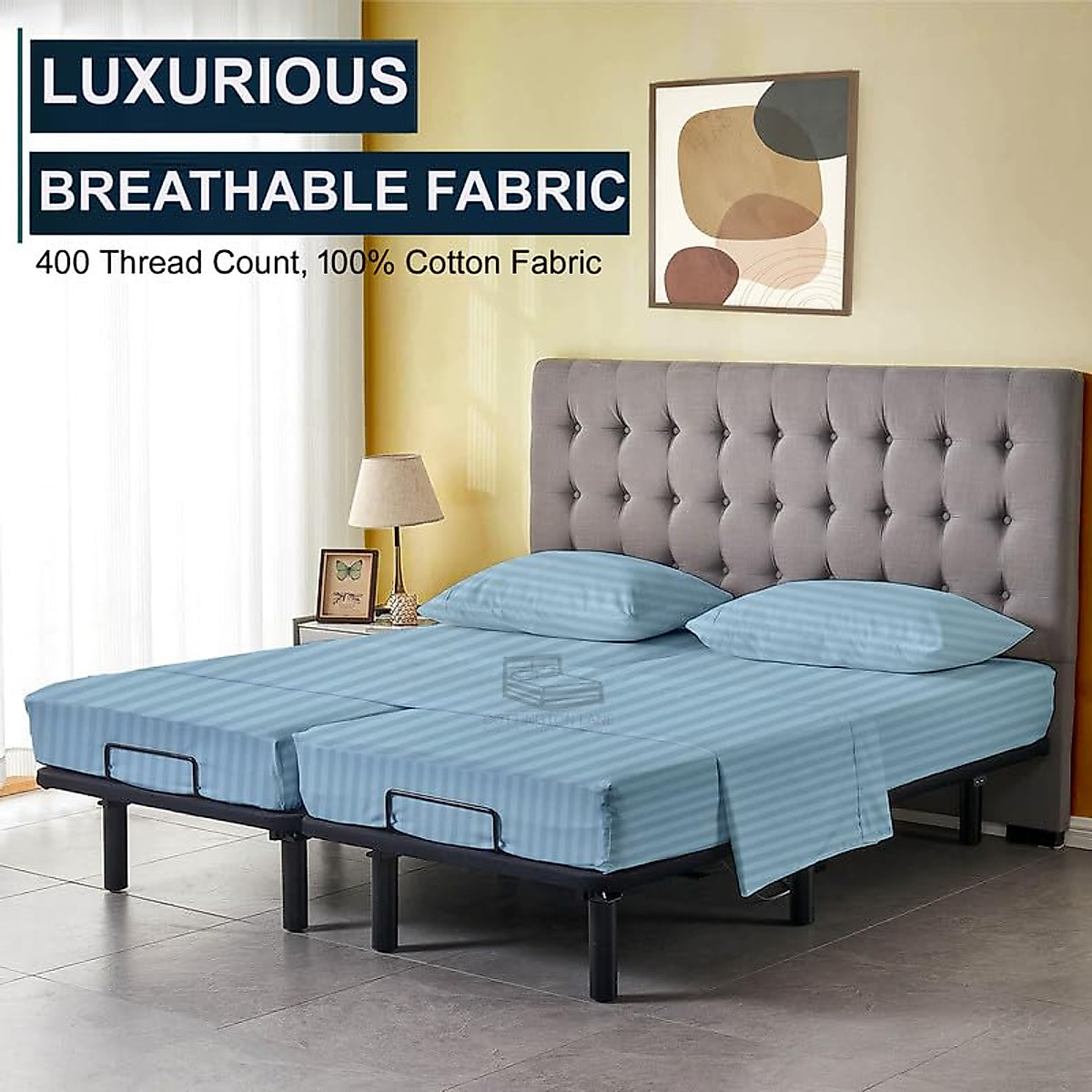 5 Piece Split California King Sheets Sets for Adjustable beds- 400 TC 100% Cotton(Light Blue Stripe)