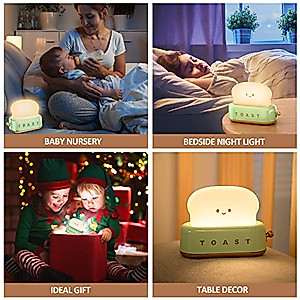 Cute Night Light, Kawaii Toast Night Lamp for Desk Decor, Table, Baby Nursery and Bedroom Room Decor Aesthetic, Dimmable Rechargeable Toaster Bread Lamp Gifts for Teens, Kids, Girls and Boys, Green