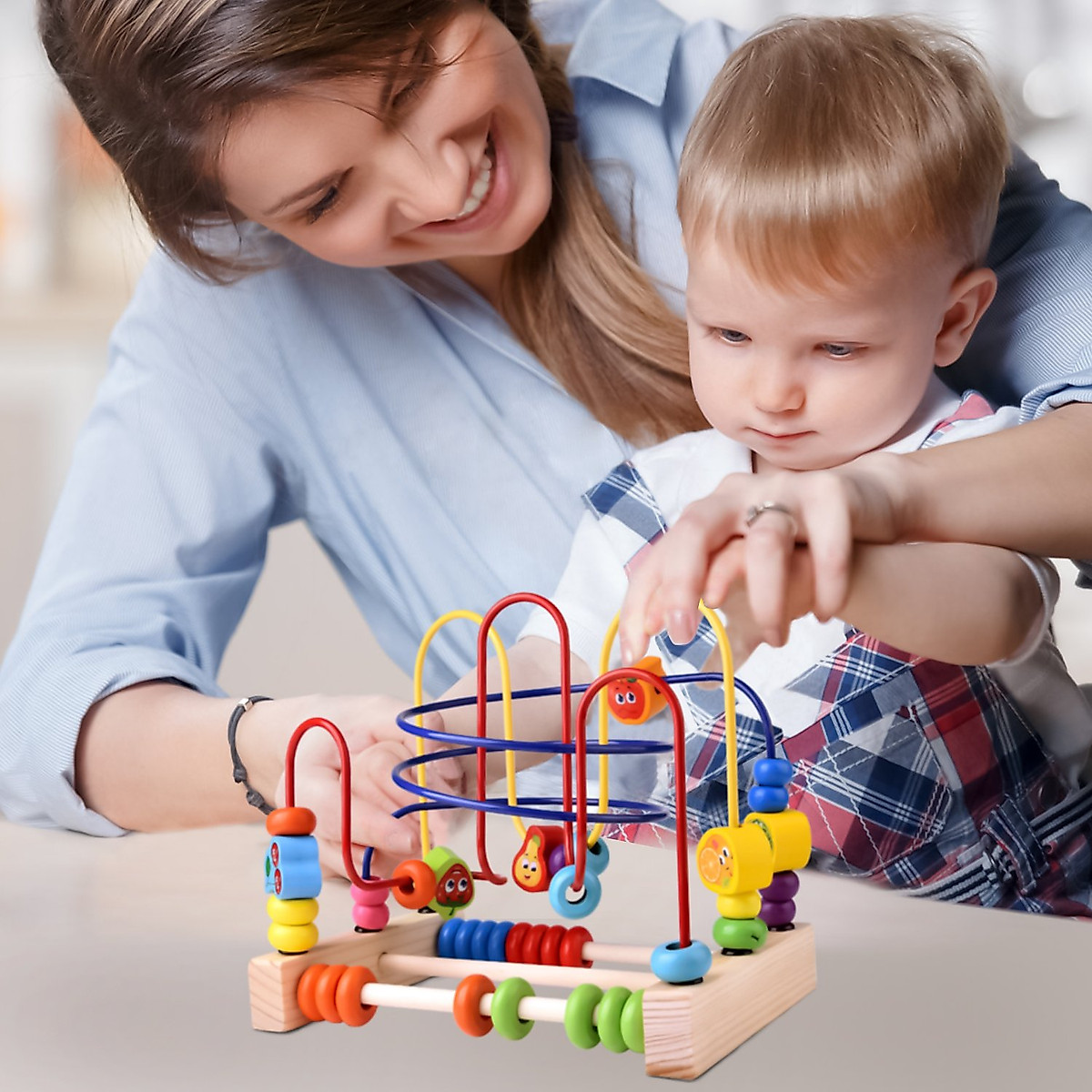 FUN LITTLE TOYS Wooden Baby Beads Maze Toys, Toddlers Roller Coaster Game Cubes, Educational Around Circle Bead Skill Improvement Wood Toy, Sliding Beads On Twists Wire, Boys Girls
