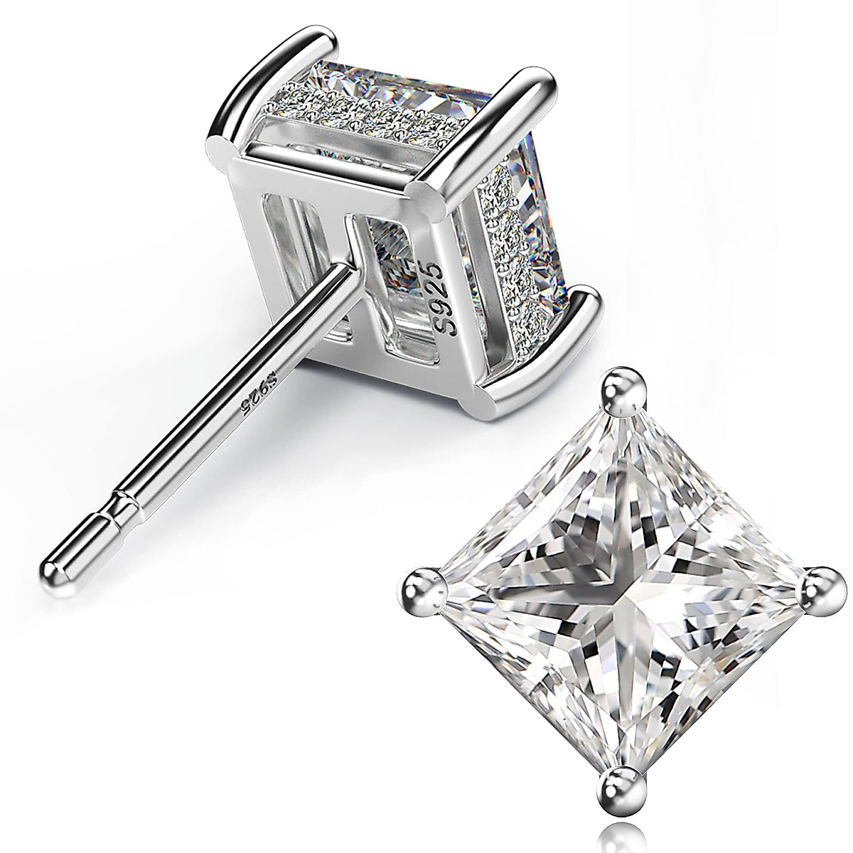 UNFAAR 18K White Gold Plated Sterling Silver Princess Cut Cubic Zirconia Stud Earrings Square CZ Diamond Stud Earrings for Women Men Hypoallergenic (6MM, Clear)