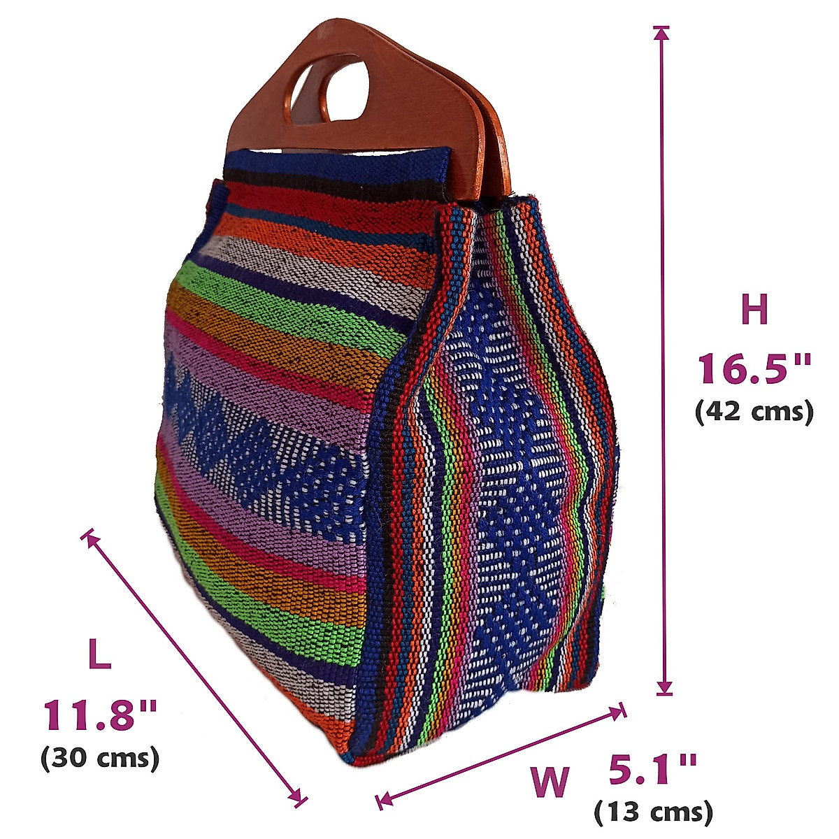 MEXICANDOO Set of Authentic Mexican Handcrafted Woven Handbag with Wooden Handles and Matching Clutch Bag for Women or Girls. Casual Purse, Bohemian, Boho, Sarape, Baja, Aztec, Summer, Beach (Blue)