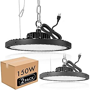 ICEKO KN [2-Pack] UFO LED High Bay Lights,LED Shop Light 150W/21000LM/6000K/(Eqv.400W HID),with Hanging Chain,Safe Rope,6ft Power Cable&Plug,for Barn,Garage,Warehouse,Basement,Workshop,Wet Location