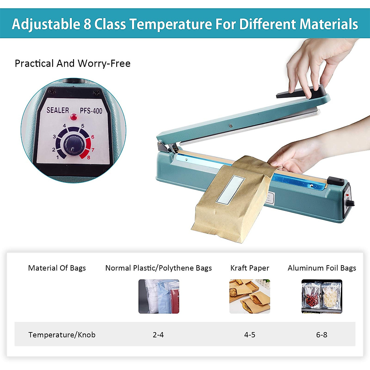 16 inch 400mm Impulse Sealer, Manual Bag Sealer Heat Sealer, Adjustable Timer Electric Heat Seal Bag Sealer Sealing Machine with 2 Free Replacement Kit Tabletop Impulse Sealer, Blue