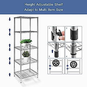 5 Tier Wire Shelving Unit, Height Adjustable Wire Shelves with NSF Certified, Narrow Metal Storage Rack Shelf Unit for Kitchen, Laundry, Bathroom, Pantry, Closet (18"D x 21.5"W x 71"H, Chrome)