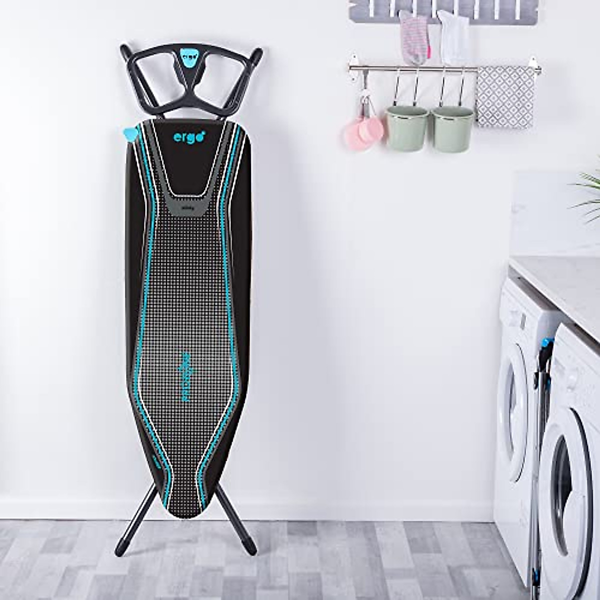 Minky Ergo Prozone Ironing Board | Made in UK | Dual Iron Rest, Heat Reflective Cover, Thick Felt Underlay - Freestanding Ironing Board with Large 48" x 15" Ironing Surface (Gunmetal and Blue)