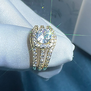 YOYEEWYNS 18K Gold Plated Anniversary Rings Engagement Wedding Band for Women Three-in-One Halo Cubic Zirconia Bridal Set Size 7