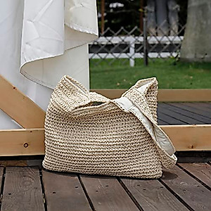 Finnhomy Handmade Straw Beach Bag Large Capacity Women Woven Tote Bag Super light Hobo Bag Shoulder Bag for Beach Picnic Summer Vacation, Beige