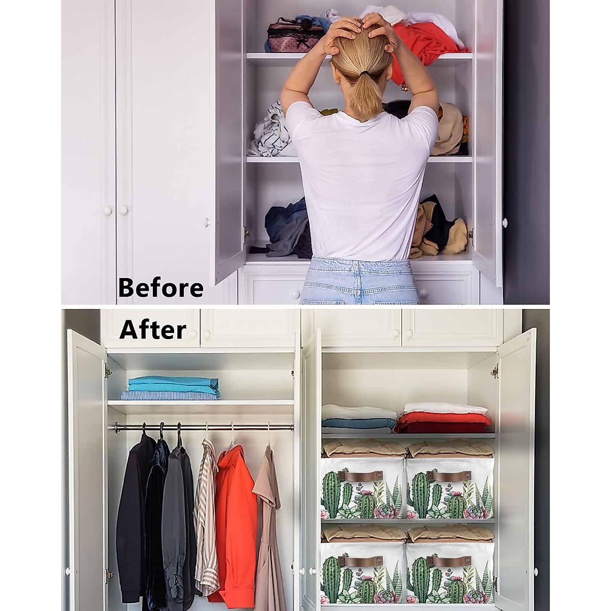 Tropical Cactus Cube Storage Organizer Bins with Handles,15x11x9.5 Inch Collapsible Canvas Cloth Fabric Storage Basket,Books Bin Boxes,Closet Green Summer Fall Succulent Plant Butter-fly 1 Pack