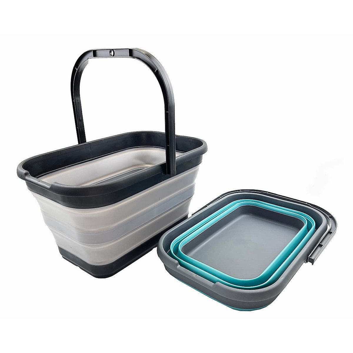 SAMMART 12L (3.1 Gallon) Collapsible Rectangular Handy Basket/Bucket/Multiuse Foldable Water Pail for Camping, Fishing (Alloy Grey + Crystal Blue (Set of 2))