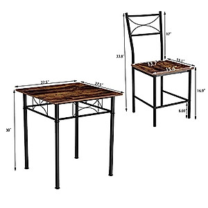 JOIN IRON 3-Piece Kitchen Dining Room Table Set for Small Spaces，Iron Wood Square Table with 2 Chairs for Kitchen Dining Room Furniture