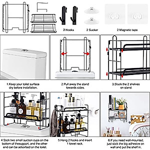 Over The Toilet Storage Shelf, 2 Tier Bathroom Organizer Over Toilet with Toilet Paper Holder & 2 Hooks, No Drilling Space Saver with Wall Mounting Design (Black)