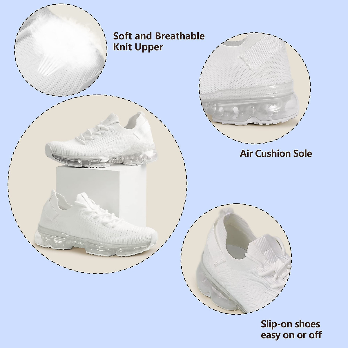 LUCKY STEP Women Air Cushion Fashion Sneakers Breathable Casual Comfortable Lightweight Walking Shoes(White,6 B(M) US)