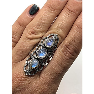 Koral Jewelry Moonstone 3 Stones Ethnic Vintge Gipsy Multi Stone Ring 925 Sterling Silver Vintage Tribal Gipsy Boho Chic (7)