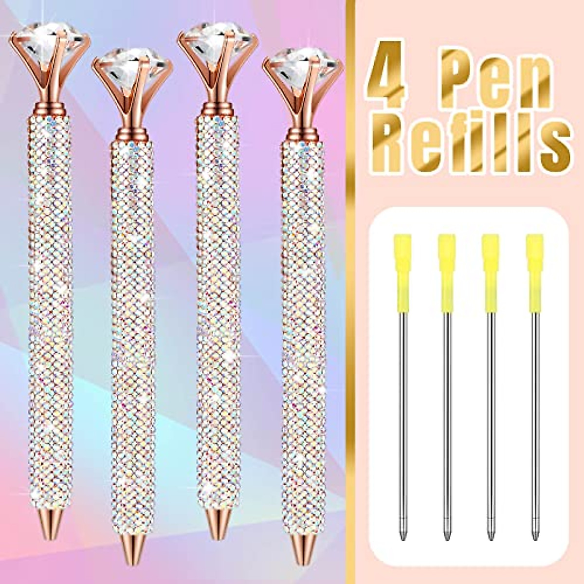 Lincia 4 Pcs Diamond Pens with Crystal Bling Metal Ballpoint Pens Bridal Shower Retractable Black Ink Rhinestone Writing Pens with Replacement Refills for Women Wedding Office Birthday (AB Color)
