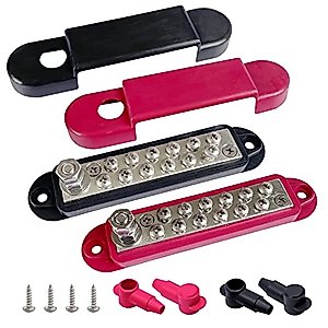 12 Terminals Bus Bar, Ampper 5.3" Nickle Plated Brass Power/Ground Distribution Block Battery BusBar Junction for Car Vehicle Rv Truck Marine Boat Audio Amplifier and More (1 Pair, Red & Black)