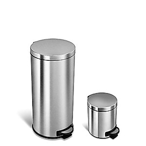 NINESTARS AMZ-CB-SOT-30-1/5-1 CB-SOT-30-1/5-1 Step-on Trash Can Combo Set, 8 Gal 30L & 1.2 Gal 5L, Stainless Steel Base (Round, Lid)