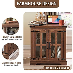 Barnyatoh Farmhouse End Table with Charging Station,24" Large Sofa Side Table with Glass Barn Door, Rustic Wood Nightstand Bedside Table with Adjustable Storage Shelf for Living Room, Bedroom, Walnut