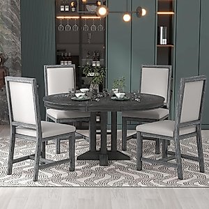 Merax 5-Piece Farmhouse Wooden Dining Set with Extendable Round Table and 4 Upholstered Chairs, for Kitchen, Black