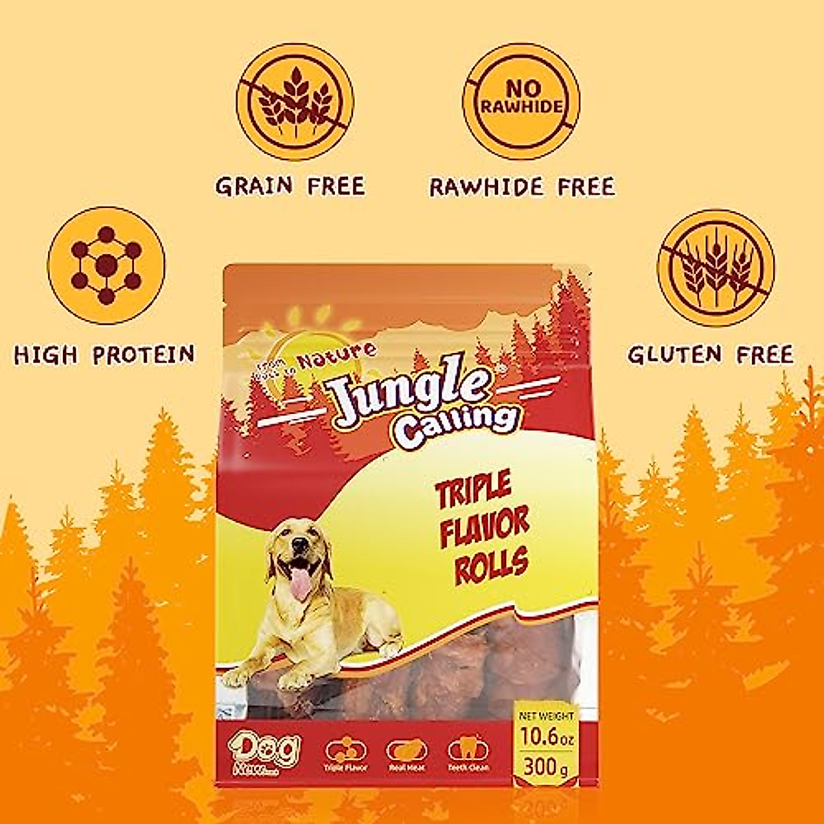 Jungle Calling Triple Flavor Rolls Dog Treats, Made with Real Chicken Duck Beef Meat, Rawhide Free Dog Snacks,Healthy, Easily Digestible, and High Protein Dog Treat, 10.6 oz
