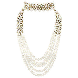 Aheli Wedding Party Wear Bridal Jewellery Choker Long Pearl Necklace Earrings Maang Tikka Indian Traditional Set for Women White