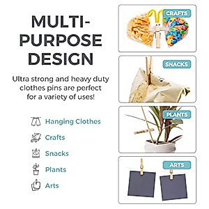 Home Genie Large Wooden Clothespins, 2.9", Natural Birchwood Rust and Moisture Resistant Clothes Pegs, Durable Wood Clothing Pins, Strong Grip, Laundry Clothesline, Bag Clips, Crafts, Photos, 25 Pack