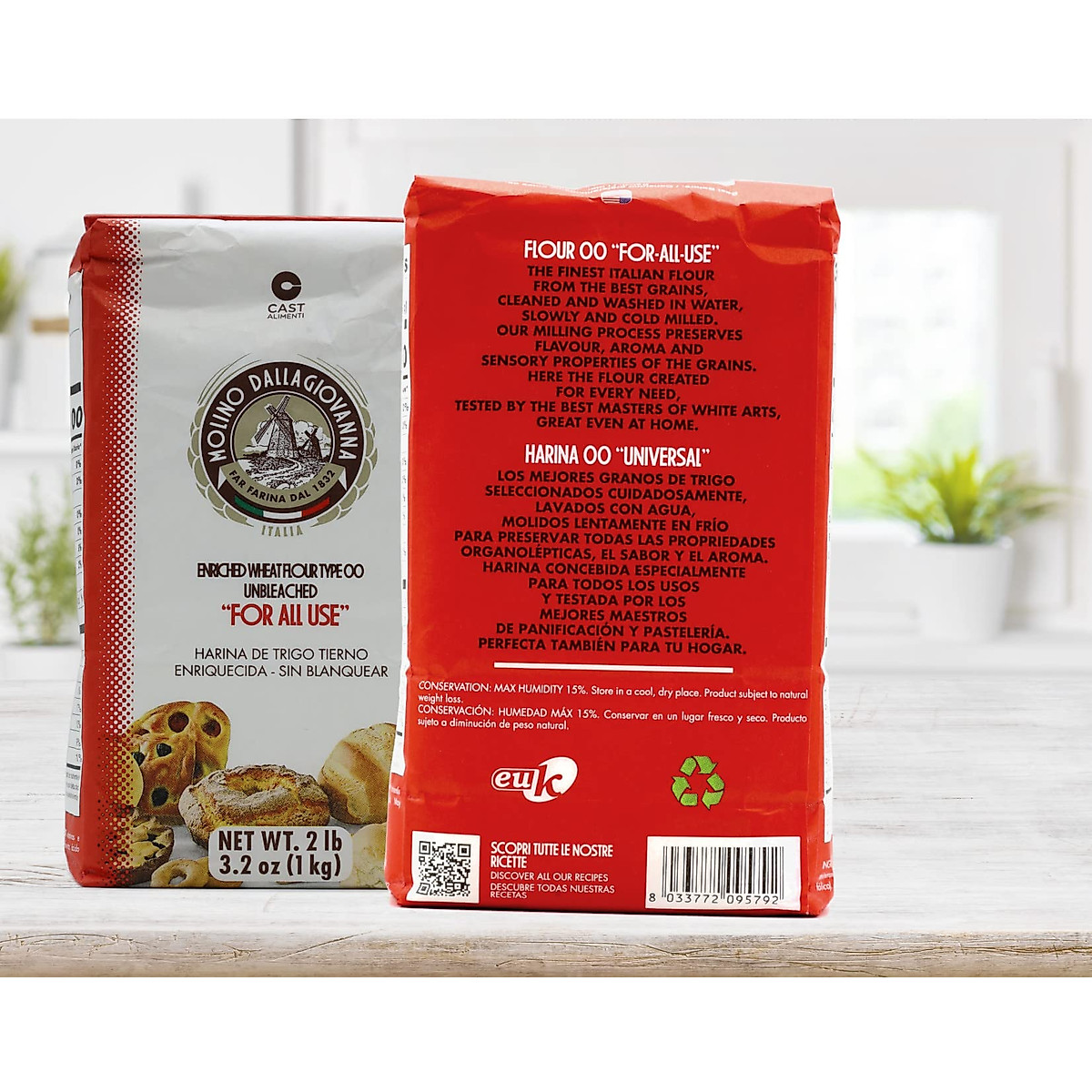 Molino DallaGiovanna Italian Enriched Unbleached All Purpose 00 Flour All Purpose, All Use high protein for Bread, Pastries, Pizza dough 1 Kilo Size (2 pack) 4.4 lbs