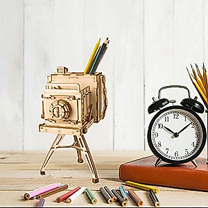ROBOTIME Vintage Camera Model Kits to Build 3D Wooden Puzzle Toy DIY Pen Container Craft Kit for Adults and Kids