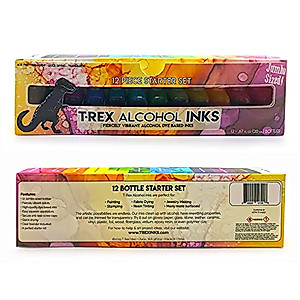 T-Rex Inks Premium Alcohol Inks Starter Set- 12 Vibrant XL Colors - Alcohol Ink for Epoxy Resin Dye, Painting, Tumbler Making & More - Storage Box & Alcohol Ink Blending Solution - 20ml Bottles