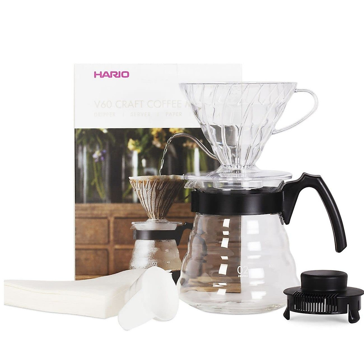 Hario Pour Over Coffee Starter Set Craft Coffee Maker Dripper, Glass Server, Scoop and Filters Size 02, Black