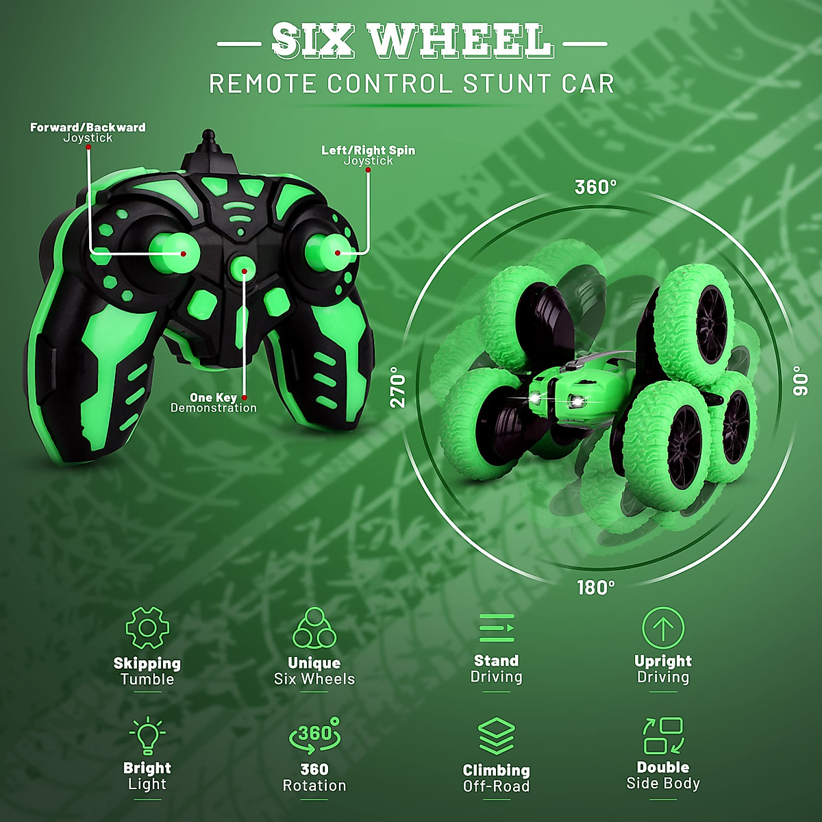 SHERPALACE 6 Wheeler LED Remote Control Car for Kids-OFF ROAD Stunt RC Car with 360 Flips-All Terrain Tires-Fast RC Drift Car-Crawler Tires & 2 Batteries- Holiday Gift Race Toy, 55+ Mins Play Time