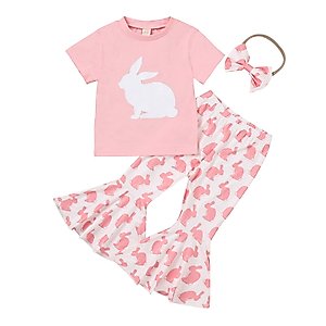 YINGISFITM Baby Girl Easter Outfit Bunny Print Short Sleeve Tee Tshirt Pants Toddler Bell Bottoms Summer Clothes 2Pcs Set (1-2T,Pink Rabbit)