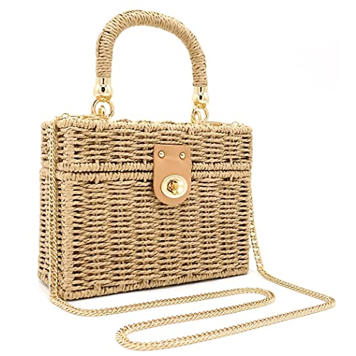 Handwoven Rattan Bag for women-Wicker Woven Square Crossbody vintage Chic Casual Beach Boho Tote Bag Straw Bag（no pendant）
