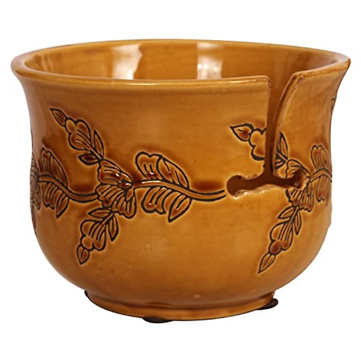 ABHANDICRAFTS Knitting Yarn Ball Storage Bowl Yellow Color Ceramic Yarn Bowl for Knitting and Crocheting with Hand Carved Floral Design