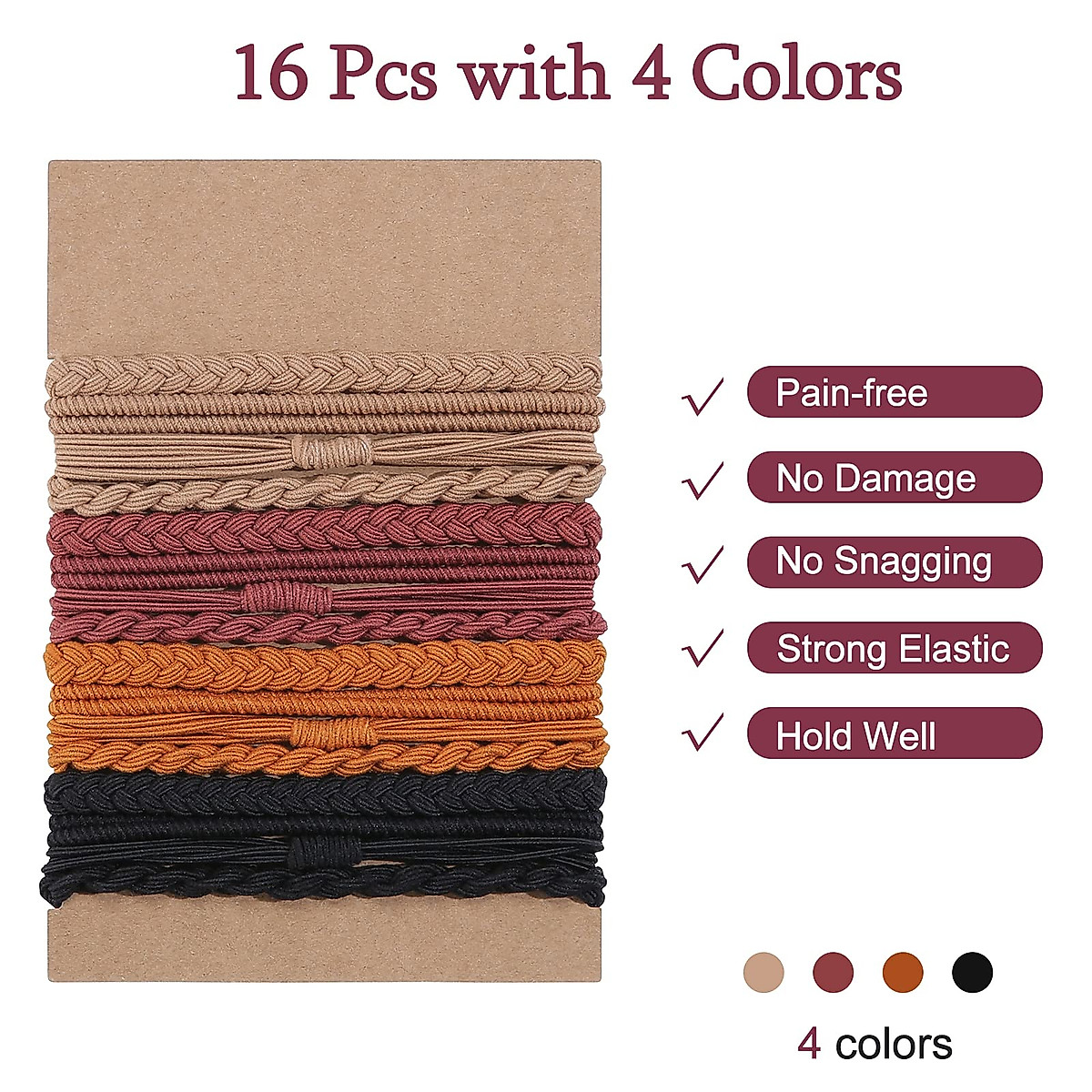 Hair Ties Bracelet Boho Ponytail Holder for Women's Thick, Thin, Long, Curly Hair - Lolalet Super Cute Soft Braided Nylon Elastics, 16 Pcs, Style A