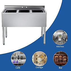 HARDURA 3 Compartment Sink of Stainless Steel, with 10X14X10 Inches Bowl and Backsplash, NSF Commercial Three Compartment Sink for Bar, Restaurant, Kitchen and Cafe