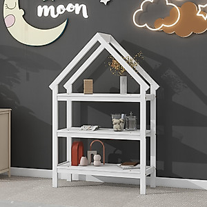 ROCKINGRUN Twin Size Wood House Bed,Wood Platform Bed with Storage Shelves and Hanger,Floor Twin Size Montessori Bed Frame, Kids Boys Girls Bedroom,Living Room,No Box Spring Required,White