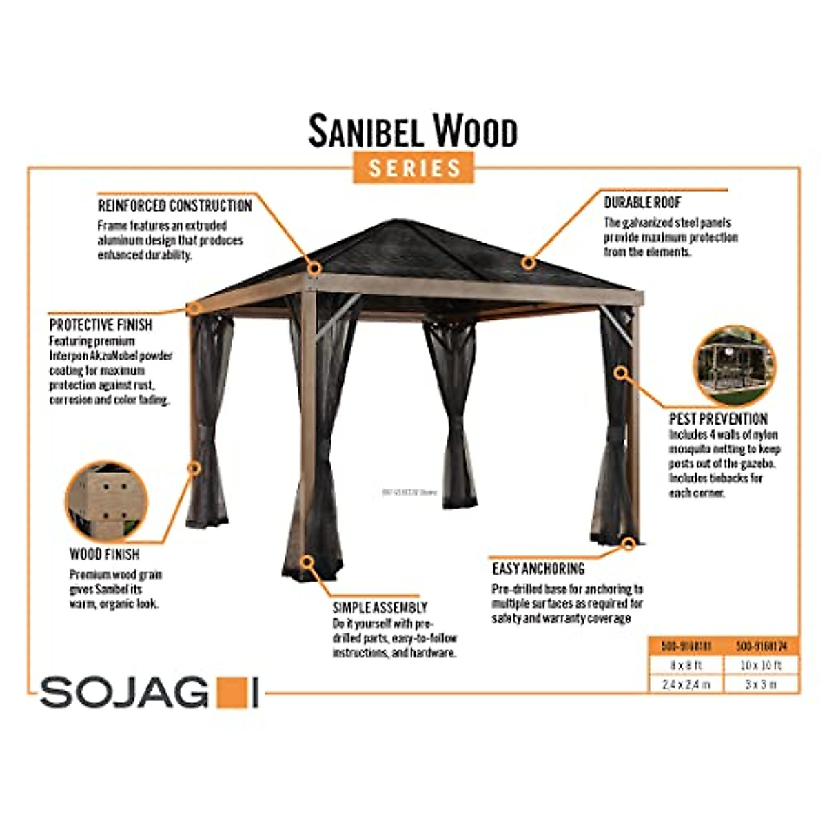 Sojag Outdoor 8' x 8' Sanibel Hardtop Gazebo Outdoor Sun Shelter, Wood Finish