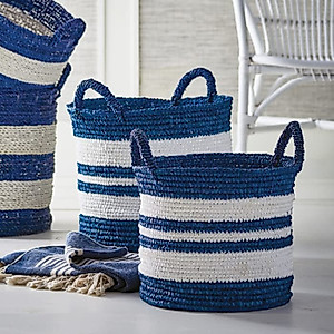 MY SWANKY HOME Set 2 Large Coastal Casual Blue White Stripe Tall Hamper Tote Baskets Handles