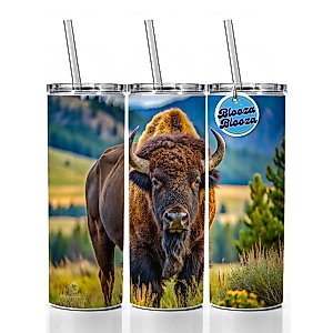 Bison Buffalo Skinny Tumbler 20oz with Straw Insulated Water Bottle Gift