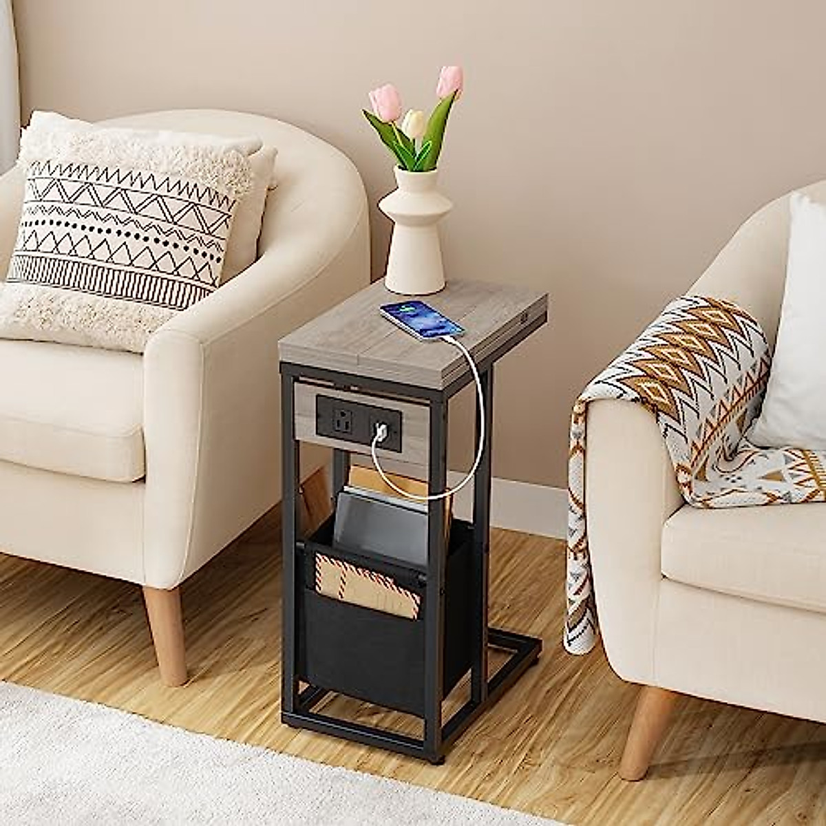 HOOBRO C Shaped Side Table with Charging Station, Foldable End Table with Fabric Bag, Sofa Table Coffee Table Snack Table for Couch Small Space Living Room, Bedroom, Greige and Black BG30USF01