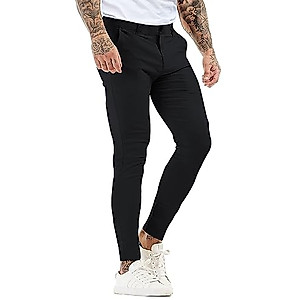 GINGTTO Men's Flat Front Pants Skinny Slim Fit Dress Pants for Men Stretchy Trousers(Black Plain,30)