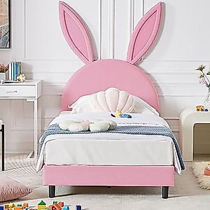 VECELO Kids Twin Bed Frame with Upholstered Headboard, Princess Beds for Girls, 12 Wooden Slats Support, No Boxing Spring Needed