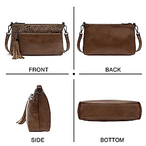 LAVAWA Western Purses for Women Ladies Wristlet Wallet Small Crossbody Cell Phone Clutch Purse Embossed with Tassel (Coffee)