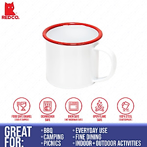 Red Co. Set of 6 Enamelware Metal Small Classic 5 Oz Round Coffee and Tea Mug with Handle, Solid White/Red Rim