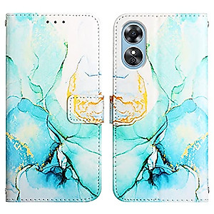 ONV Wallet Case for Oppo A17 - Long Neck Lanyard Marble Painted Stand Card Slot Leather Flip Case + TPU Inner Shell Cover for Oppo A17 [Marble] -PinkGreen