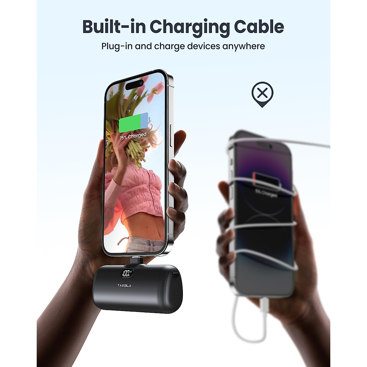 Taegila Portable Phone Charger for iPhone, 5000mAh Small Power Bank MFi Certified Built in Cable LCD Display & LED Light for All iPhone Series 14/13/12/11/XR/X/SE/8/7/6 Pro Max