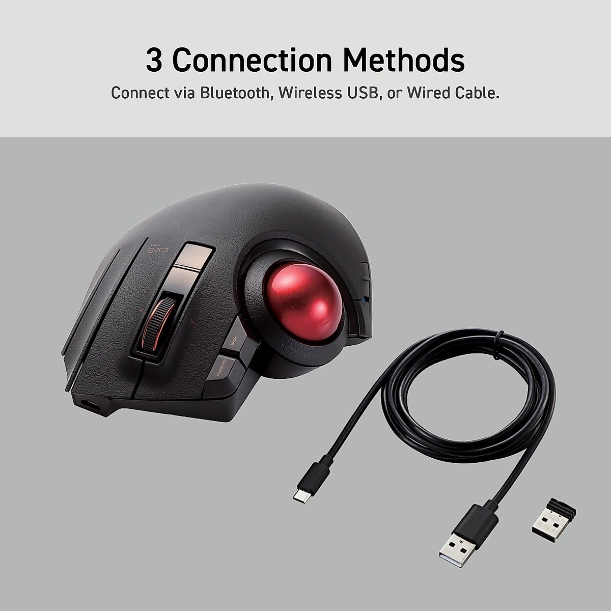 ELECOM Trackball Mouse Wireless, Ergonomic Mouse, 3 Device Connection, Wired (USB), Bluetooth, Track Ball Mouse, Thumb Control, Compatible for PC, Laptop, Mac, Windows, macOS, EX-G Pro (M-XPT1MRXBK)